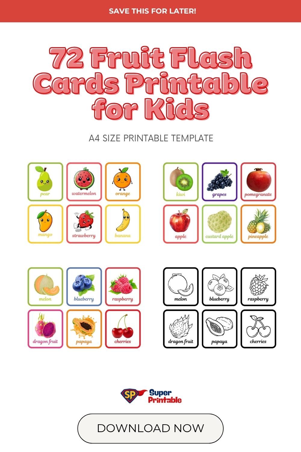 72 Fruit Flash Cards Printable for Kids