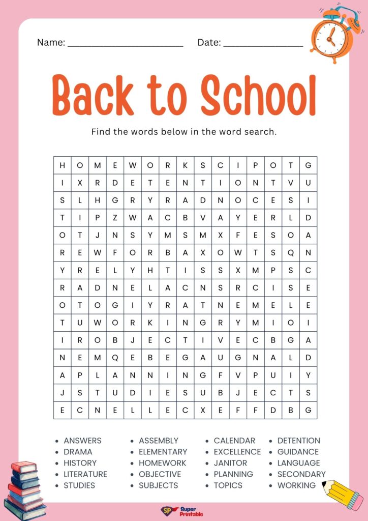 Back To School Word Search Printable for Kids