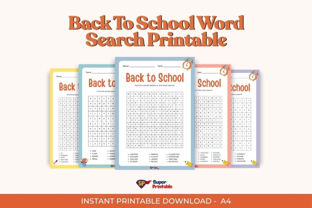 Back To School Word Search Printable for Kids