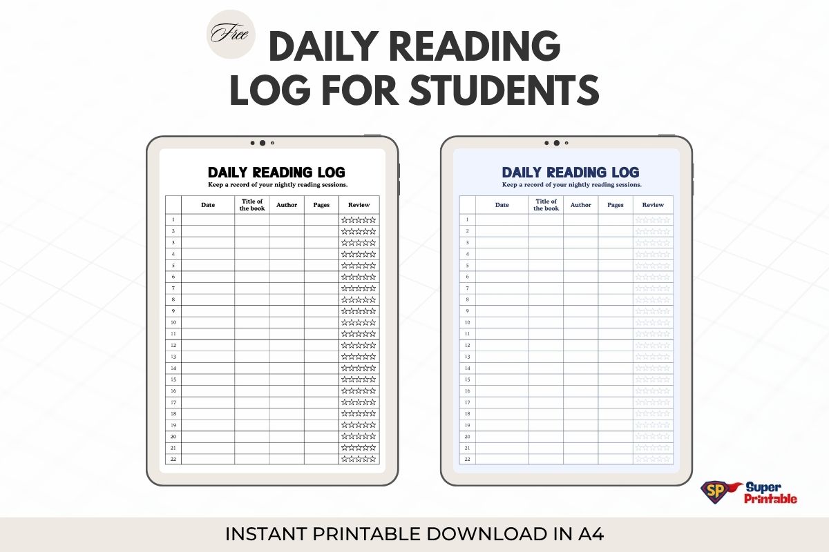 Daily Reading Log for Students in Simple Style | Instant Download