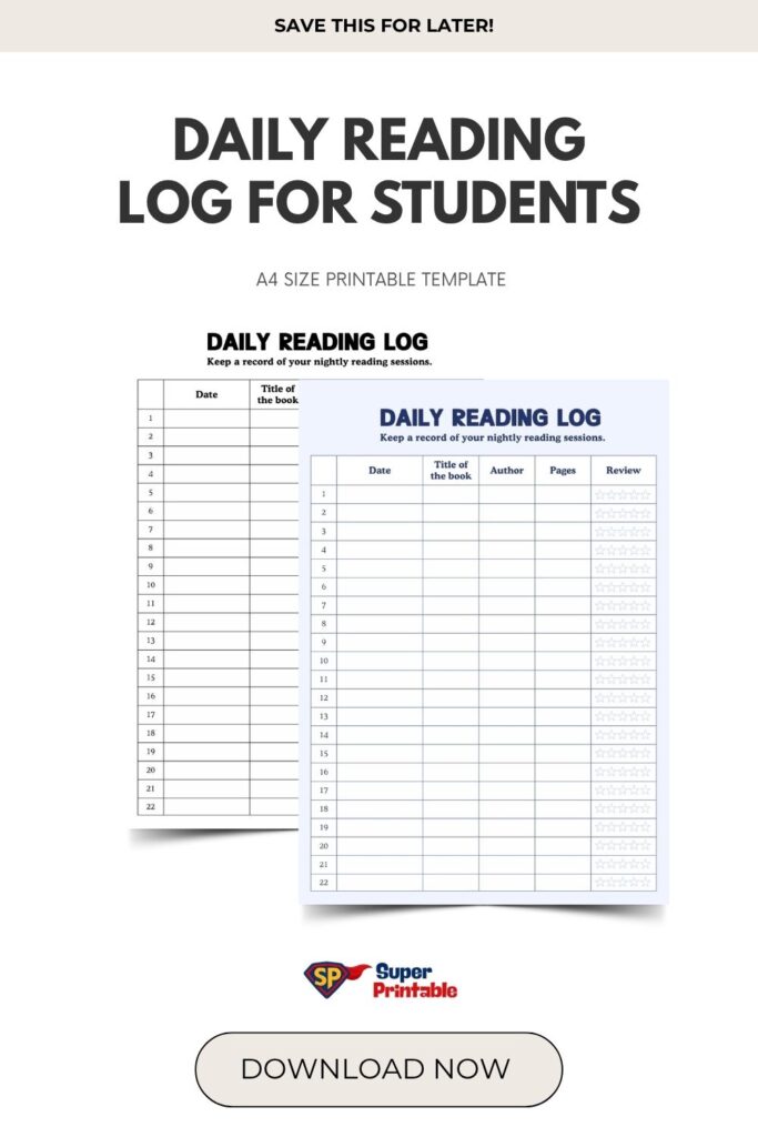 Daily Reading Log for Students in Simple Style | Instant Download