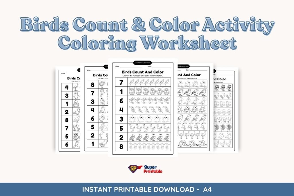 9 Birds Count & Color Activity Coloring Worksheet | Free PDF