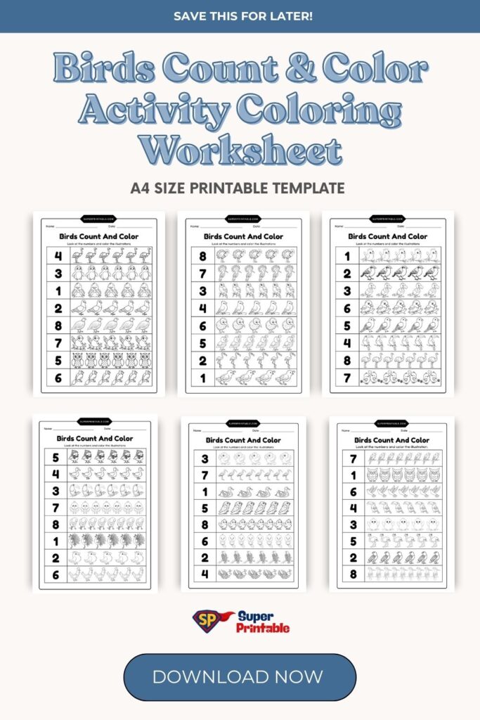 9 Birds Count & Color Activity Coloring Worksheet | Free PDF