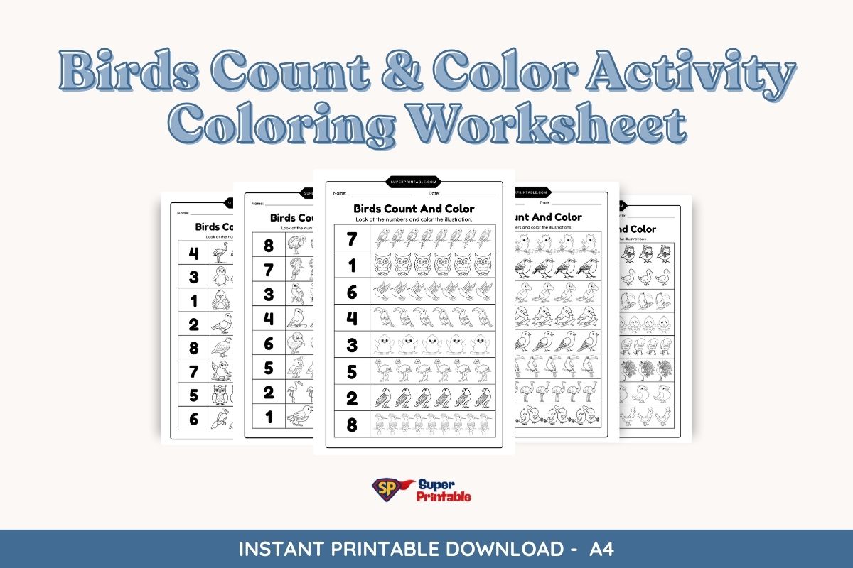 9 Birds Count & Color Activity Coloring Worksheet | Free PDF