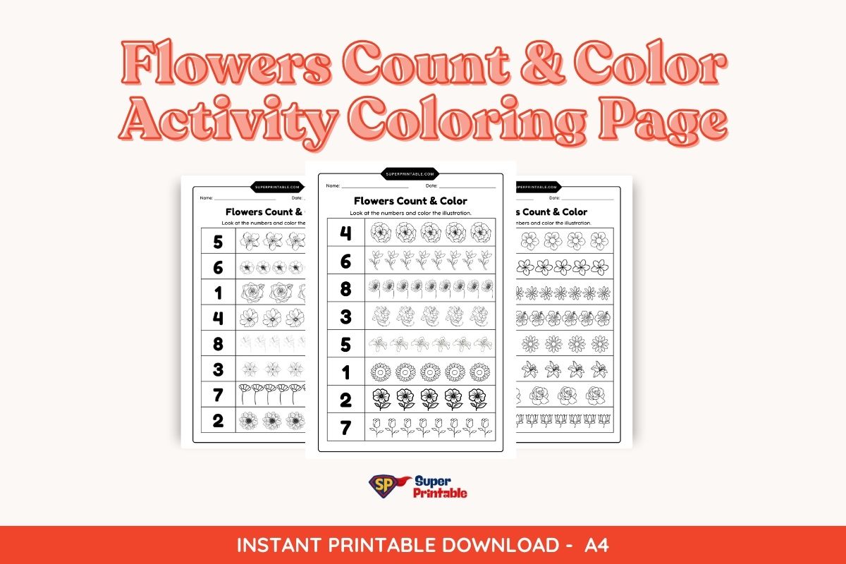 Flowers Count & Color Activity Coloring Pages | Free PDF