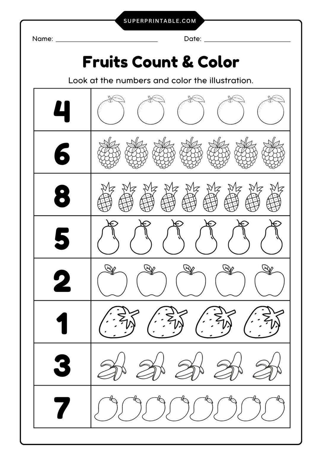 Fruits Count & Color Activity Coloring Pages | Free PDF Printables
