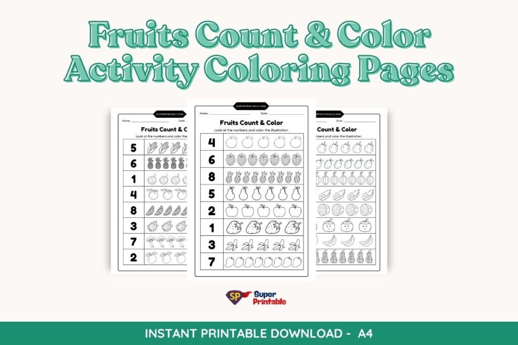 Fruits Count & Color Activity Coloring Pages | Free PDF Printables