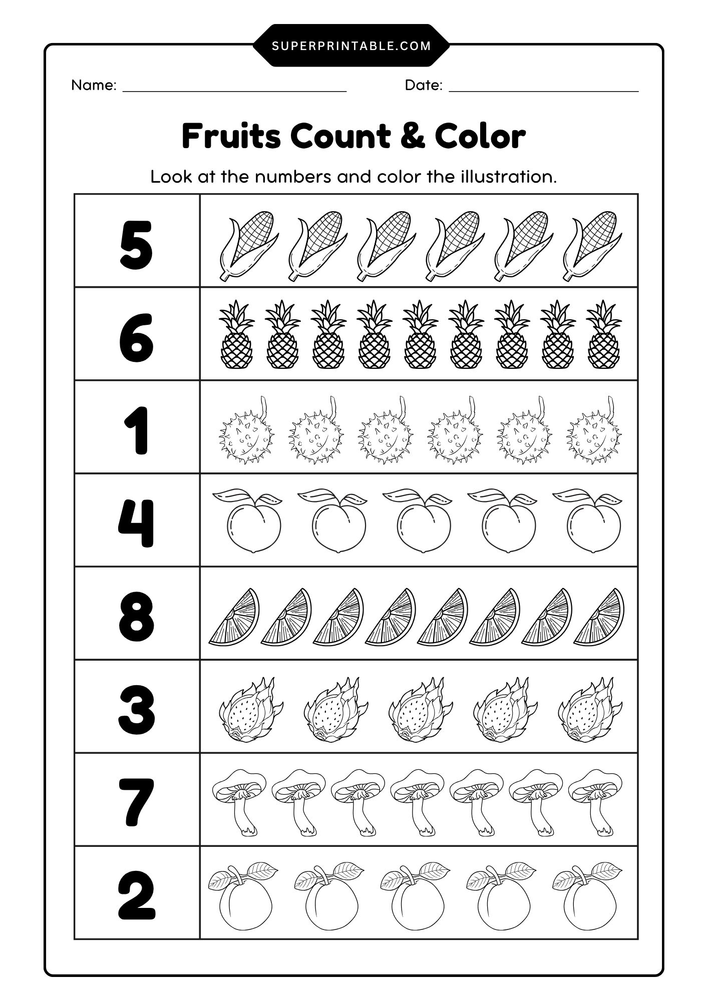 Fruits Count & Color Activity Coloring Pages | Free PDF Printables