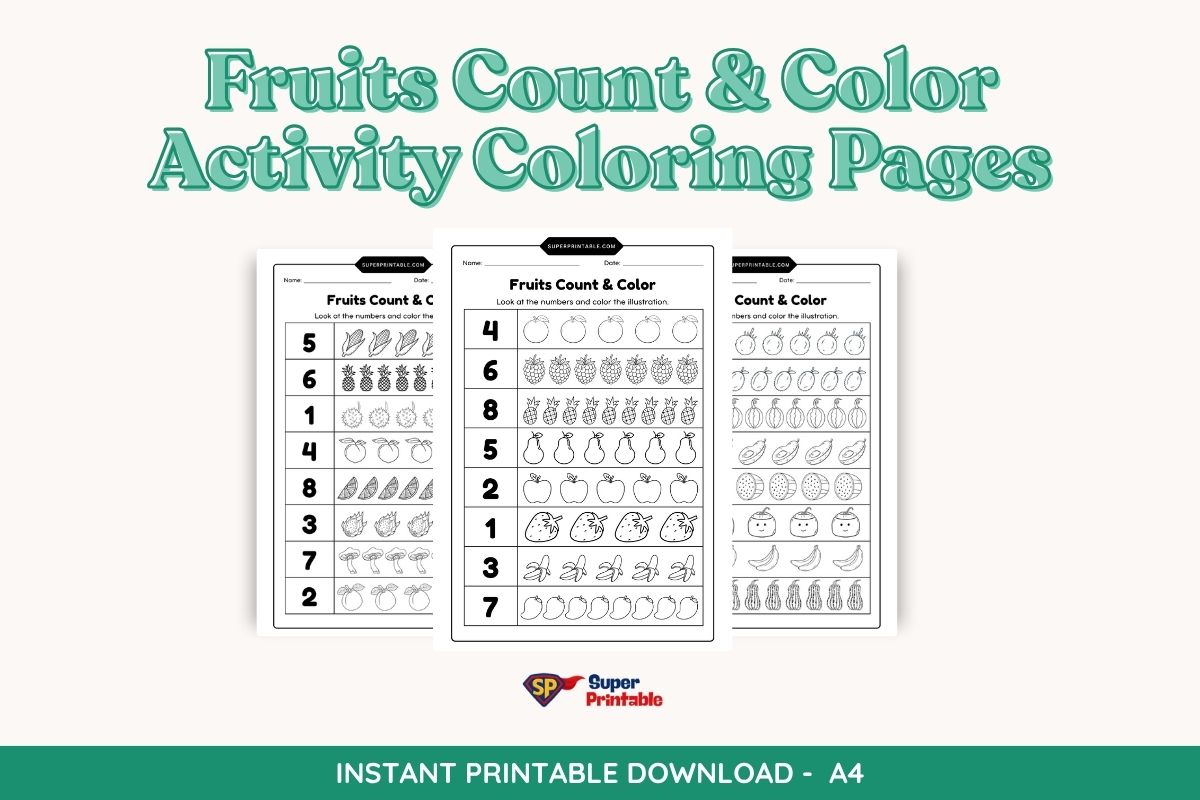 Fruits Count & Color Activity Coloring Pages | Free PDF Printables