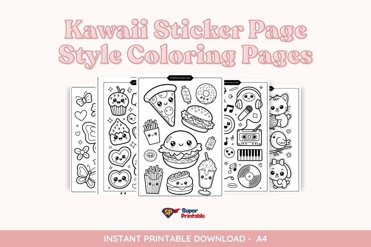 12 Kawaii Sticker Page Style Coloring Pages | Free PDF Printables