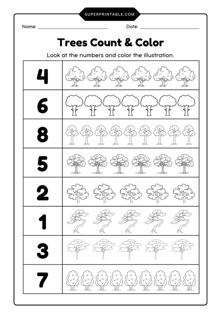 Trees Count & Color Activity Coloring Pages | Free PDF Printables