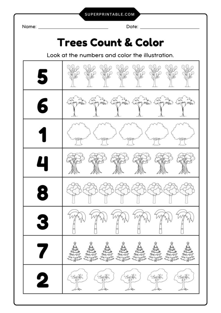 Trees Count & Color Activity Coloring Pages | Free PDF Printables