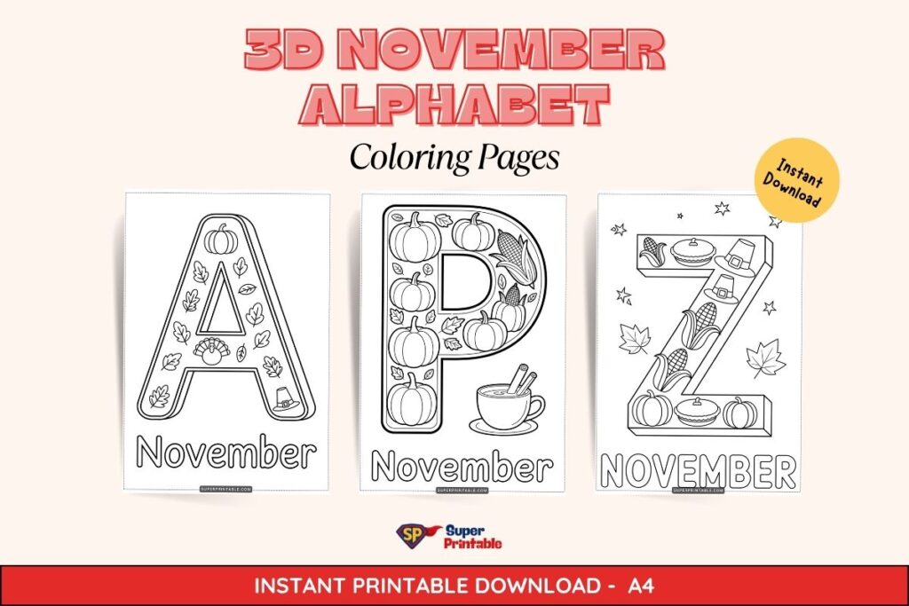 3D November Alphabet Coloring Pages | Free PDF Printables
