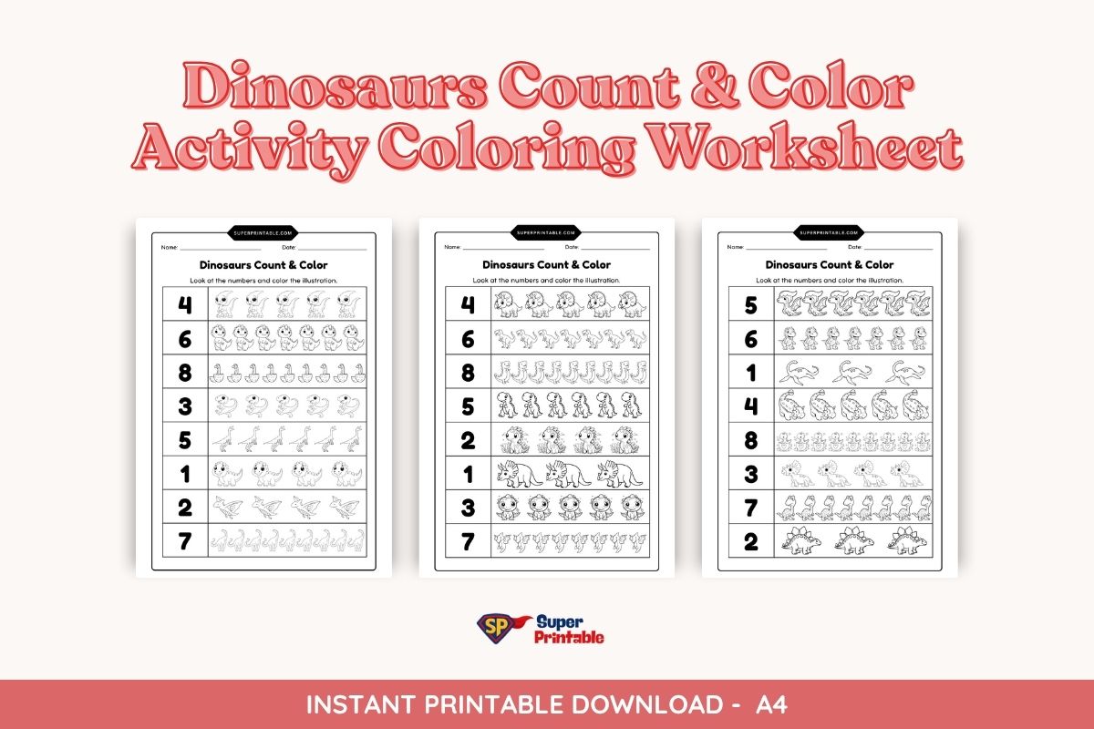 Dinosaurs Count & Color Activity Coloring Worksheet | Free PDF
