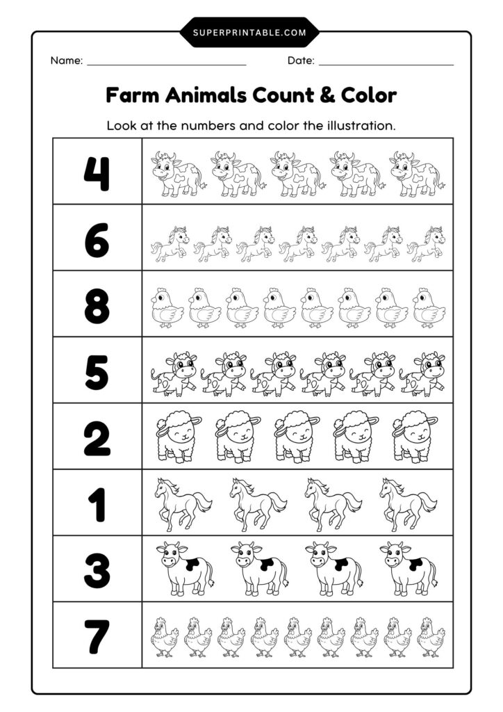 Farm Animals Count & Color Activity Coloring Pages | Free PDF