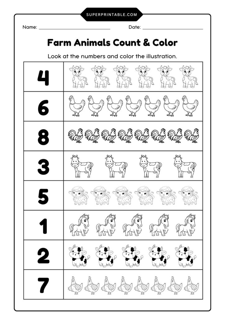 Farm Animals Count & Color Activity Coloring Pages | Free PDF