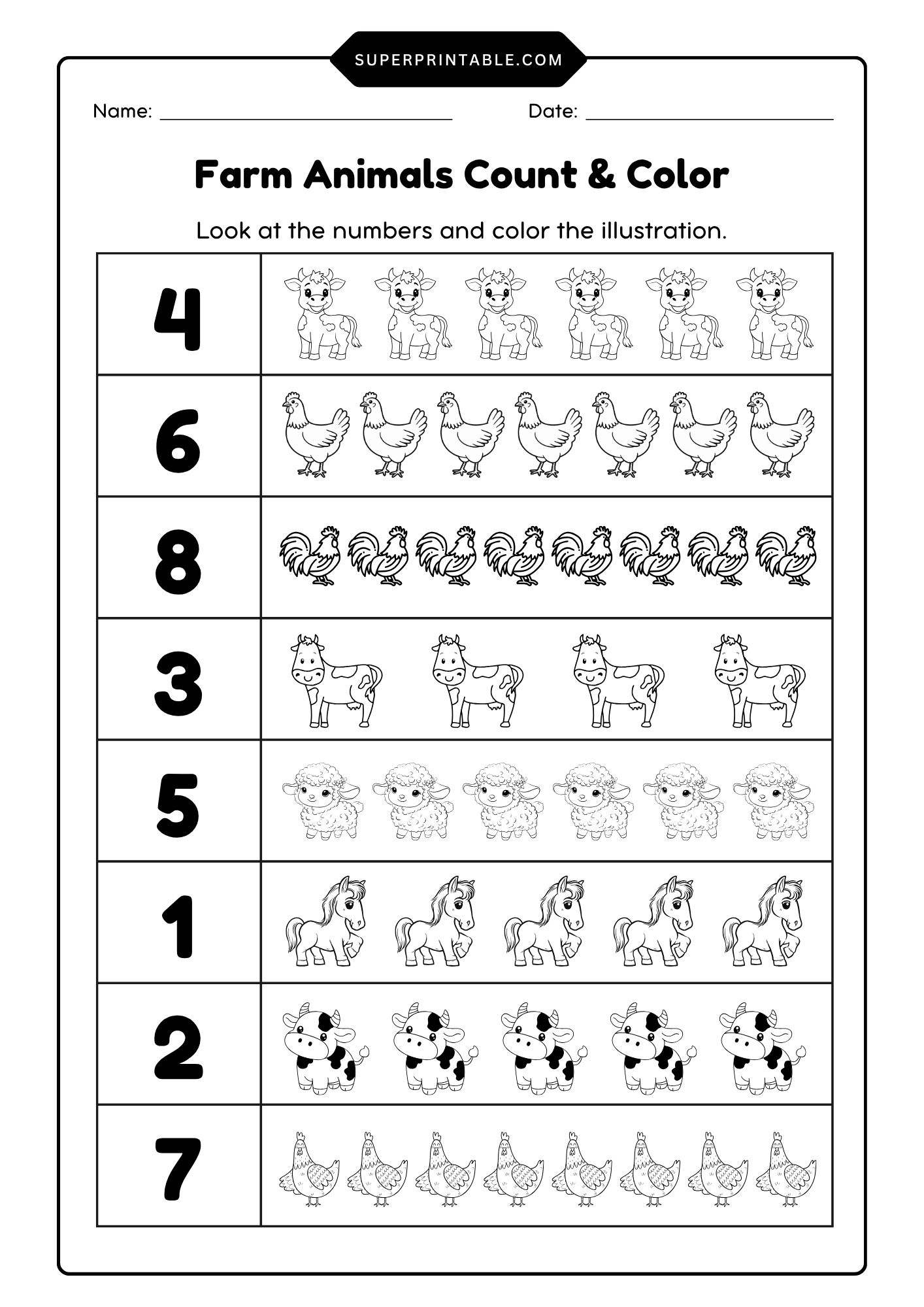 Farm Animals Count & Color Activity Coloring Pages | Free PDF