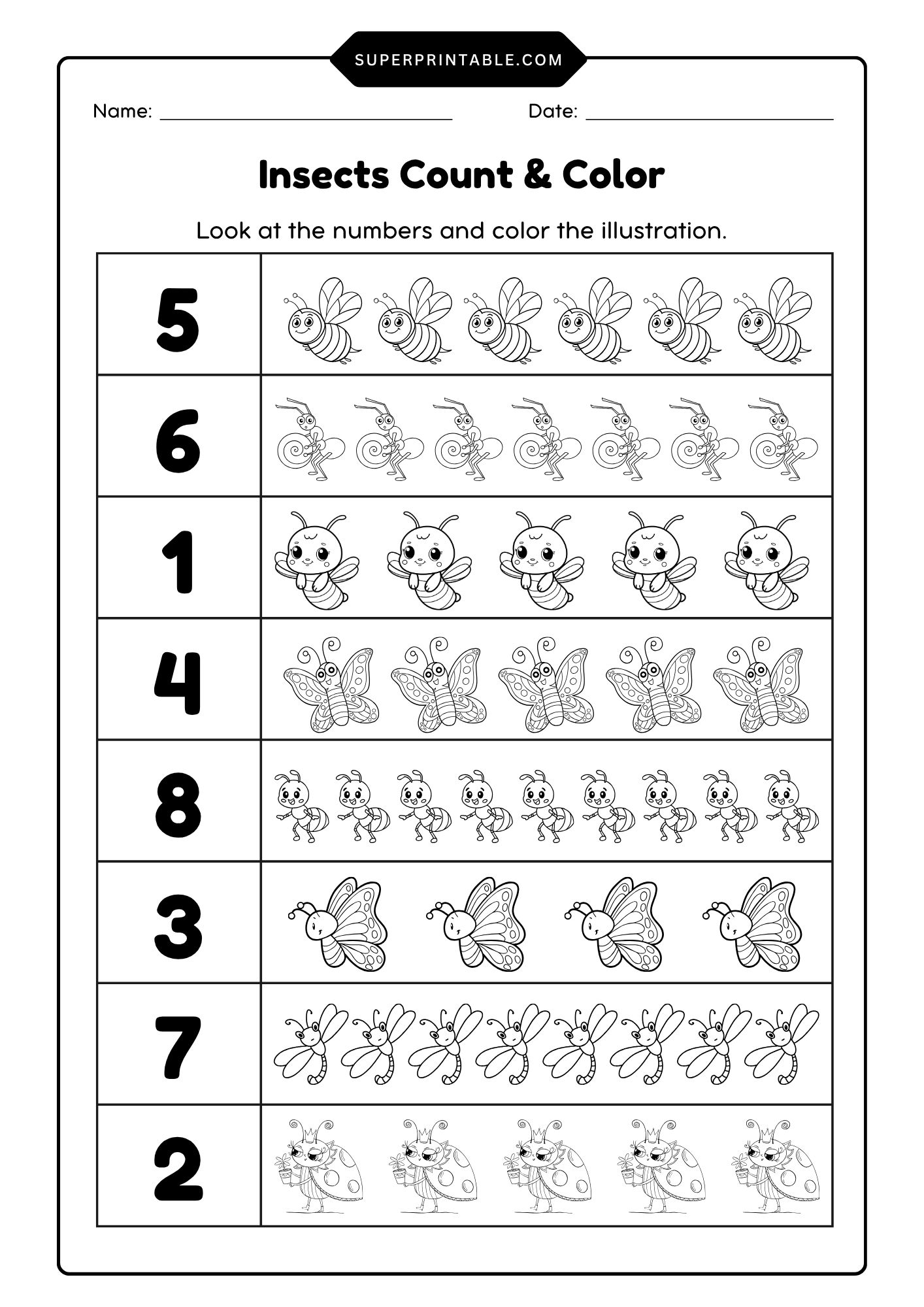 Insects Count & Color Activity Coloring Worksheet | Free PDF