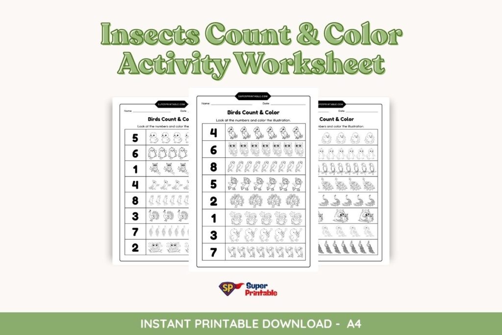 Insects Count & Color Activity Coloring Worksheet | Free PDF