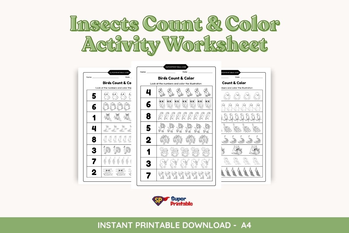 Insects Count & Color Activity Coloring Worksheet | Free PDF