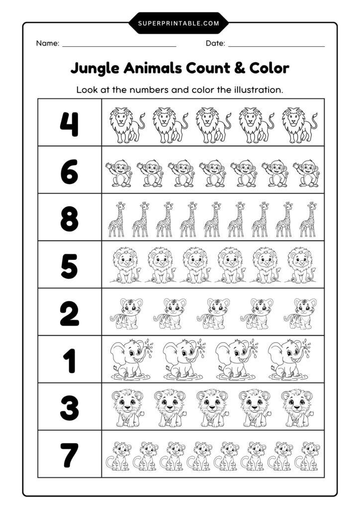 Jungle Animals Count & Color Activity Coloring Pages | Free PDF