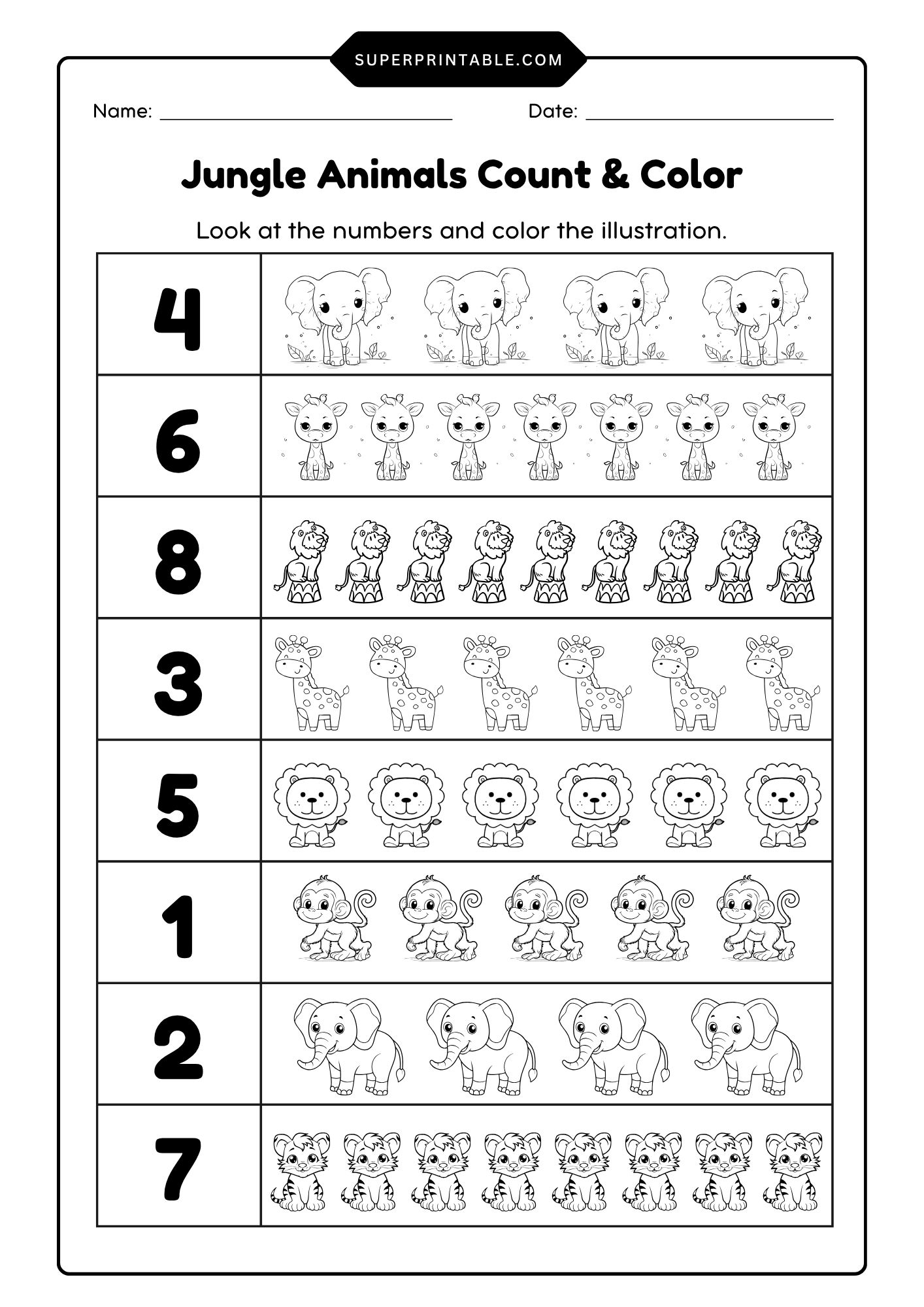 Jungle Animals Count & Color Activity Coloring Pages | Free PDF