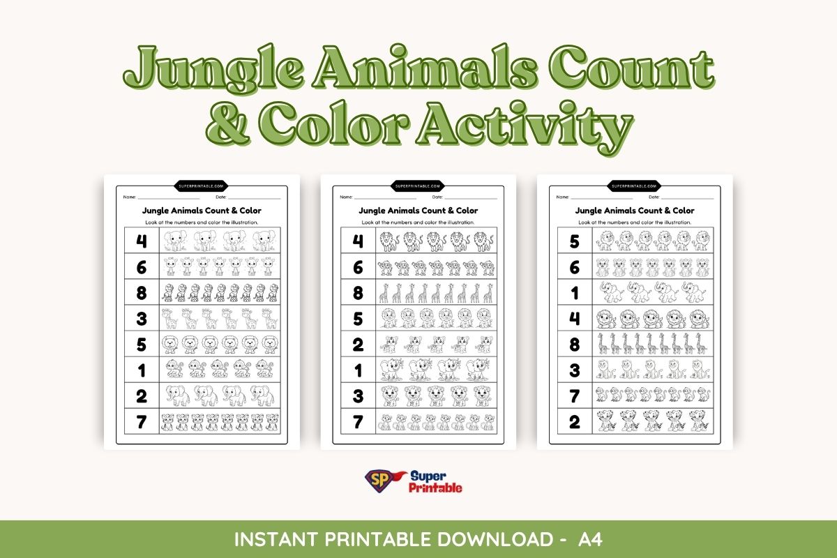 Jungle Animals Count & Color Activity Coloring Pages | Free PDF