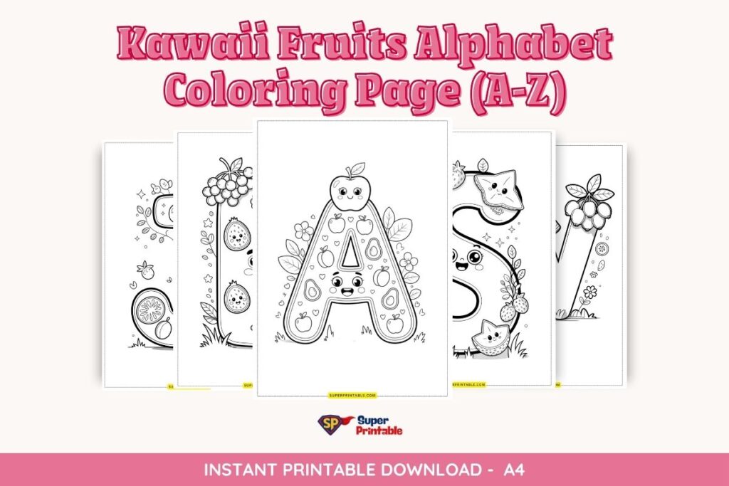 Kawaii Fruits Alphabet Coloring Page (A-Z) | Free PDF Printables