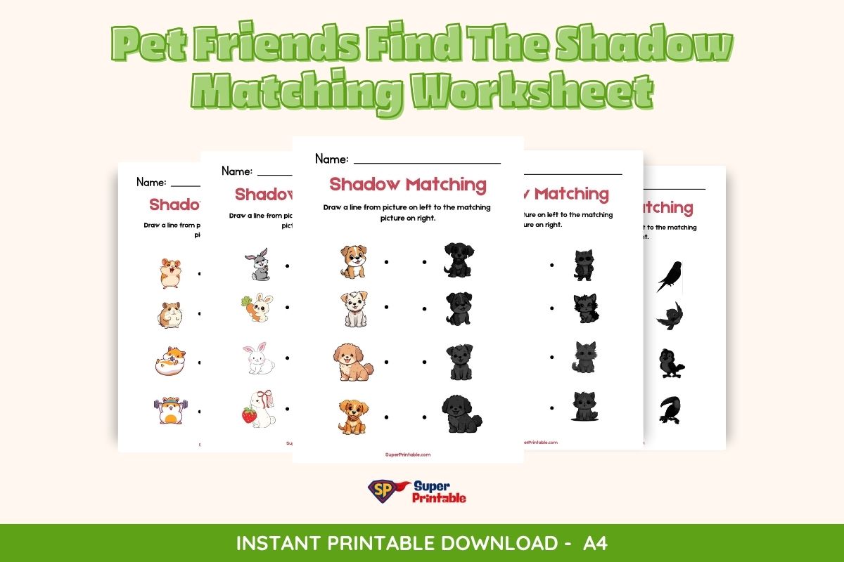 Pet Friends Find The Shadow Matching Worksheet | Free PDF