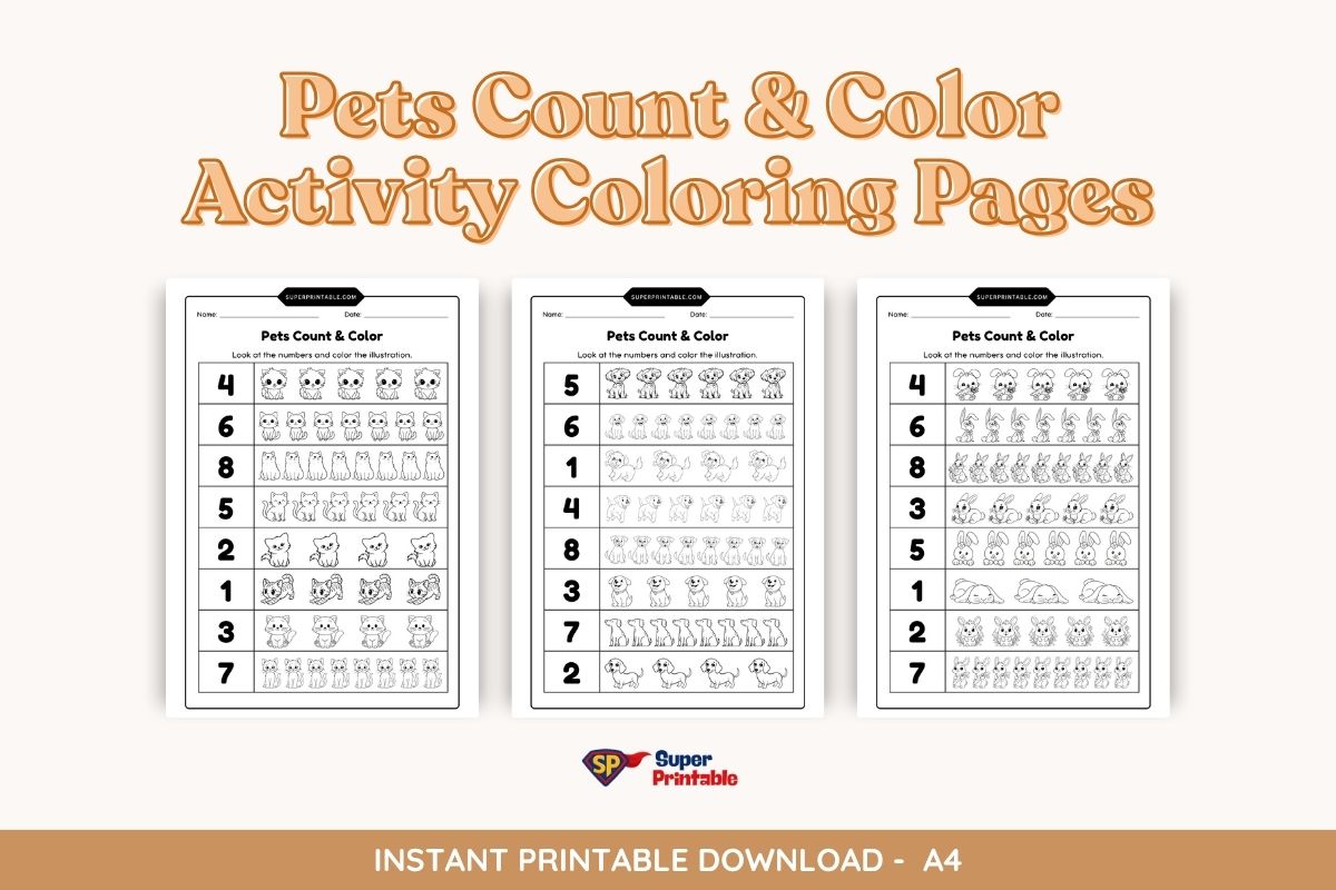 Pets Count & Color Activity Coloring Pages | Free PDF Printables