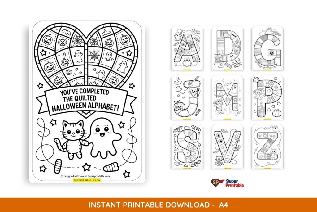 Quilted Halloween Alphabet Coloring Pages for Kids | Free PDF