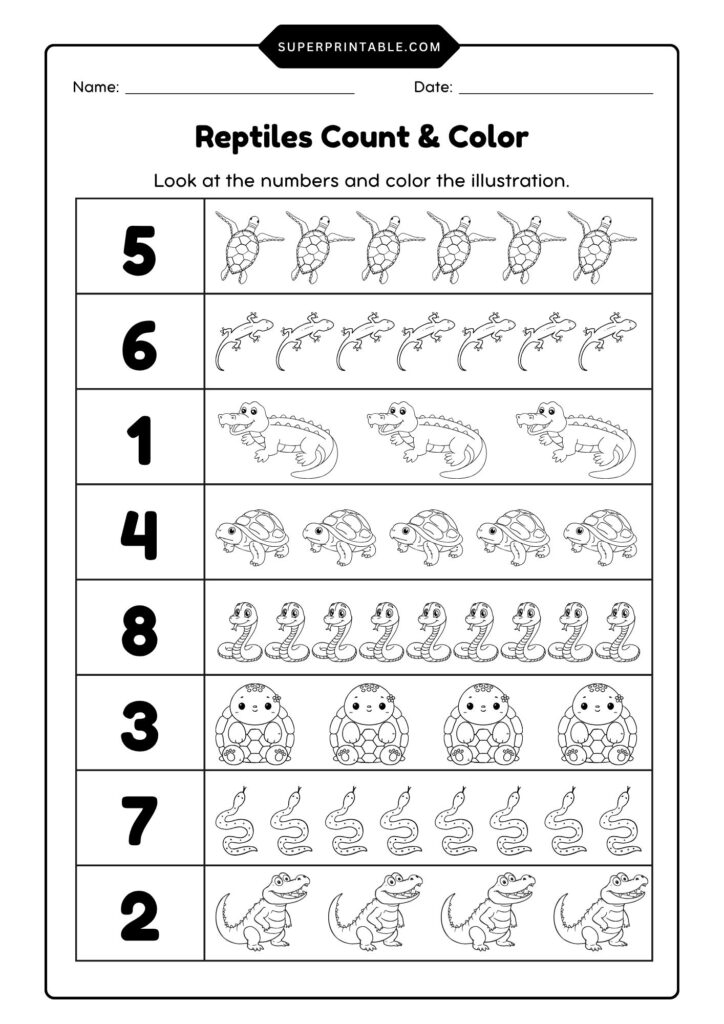 Reptiles Count & Color Activity Coloring Worksheet | Free PDF