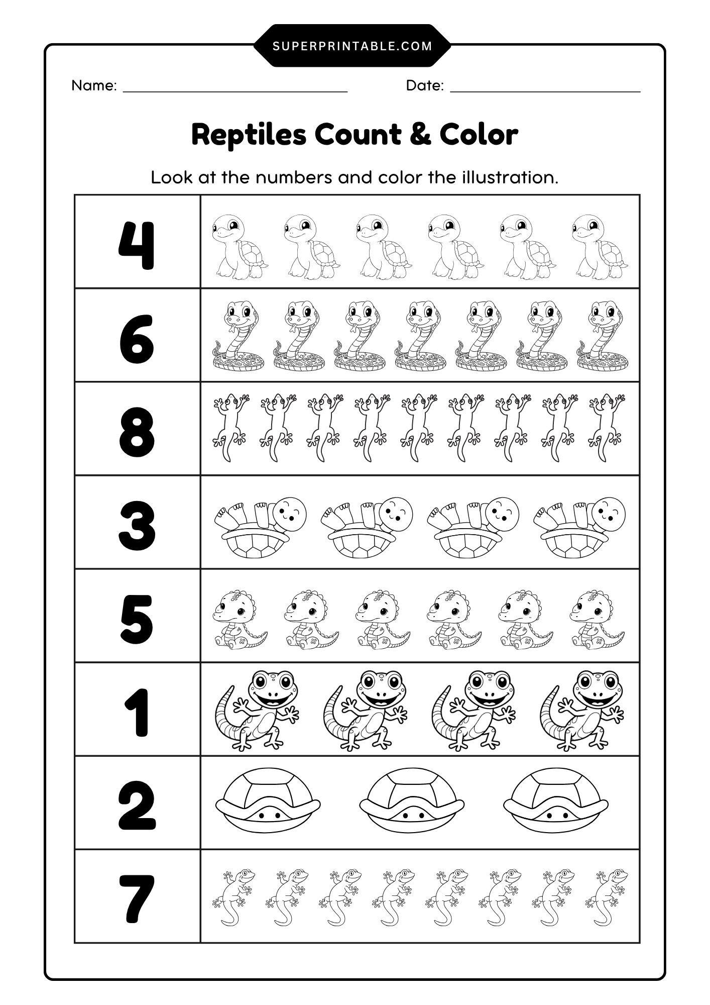 Reptiles Count & Color Activity Coloring Worksheet | Free PDF