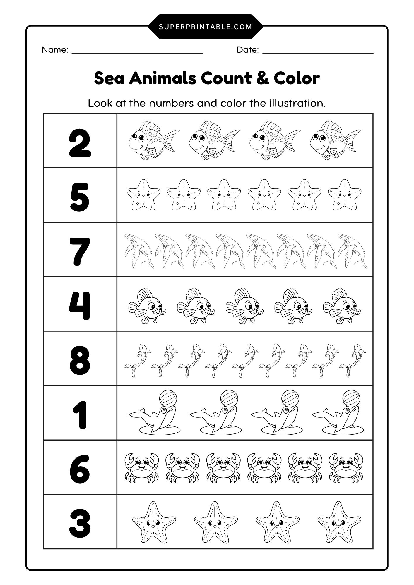 Sea Animals Count & Color Activity Coloring Pages | Free PDF