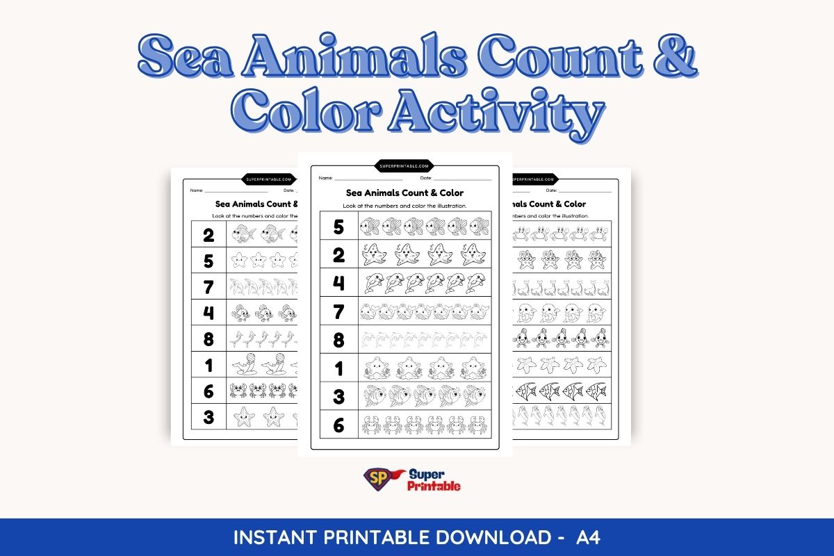 Sea Animals Count & Color Activity Coloring Pages | Free PDF
