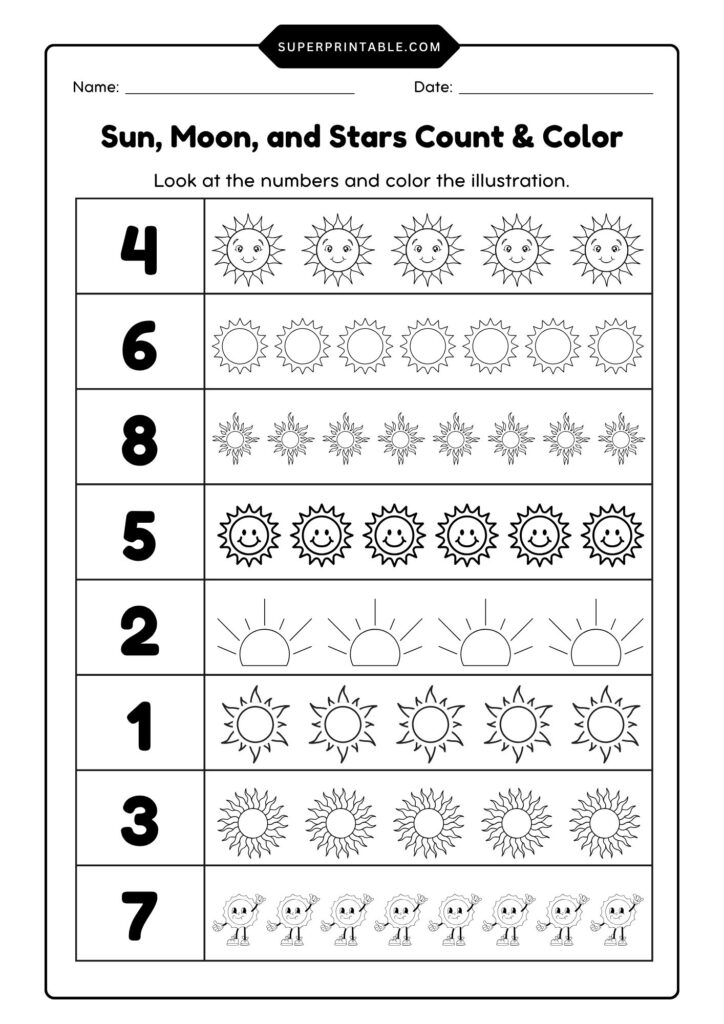 Sun, Moon, and Stars Count & Color Activity Coloring Pages