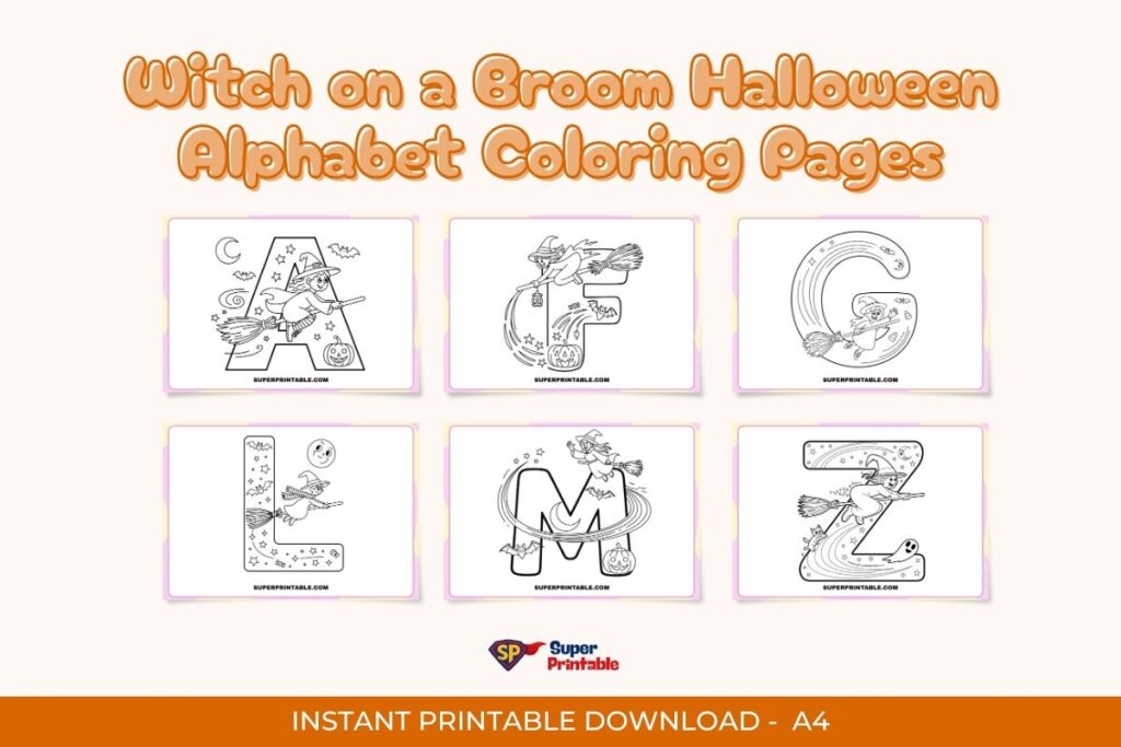 Witch on a Broom Halloween Alphabet Coloring Pages for Kids
