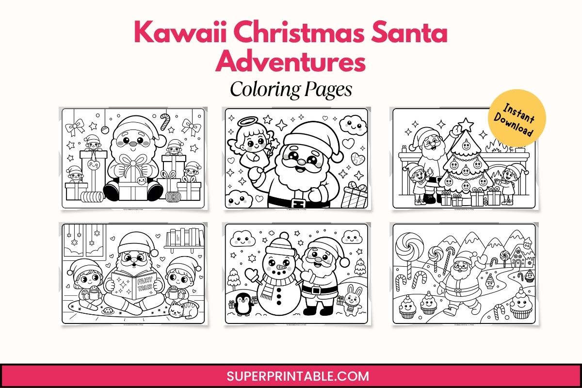 Kawaii Christmas Santa Adventures Coloring Pages (Free PDF)