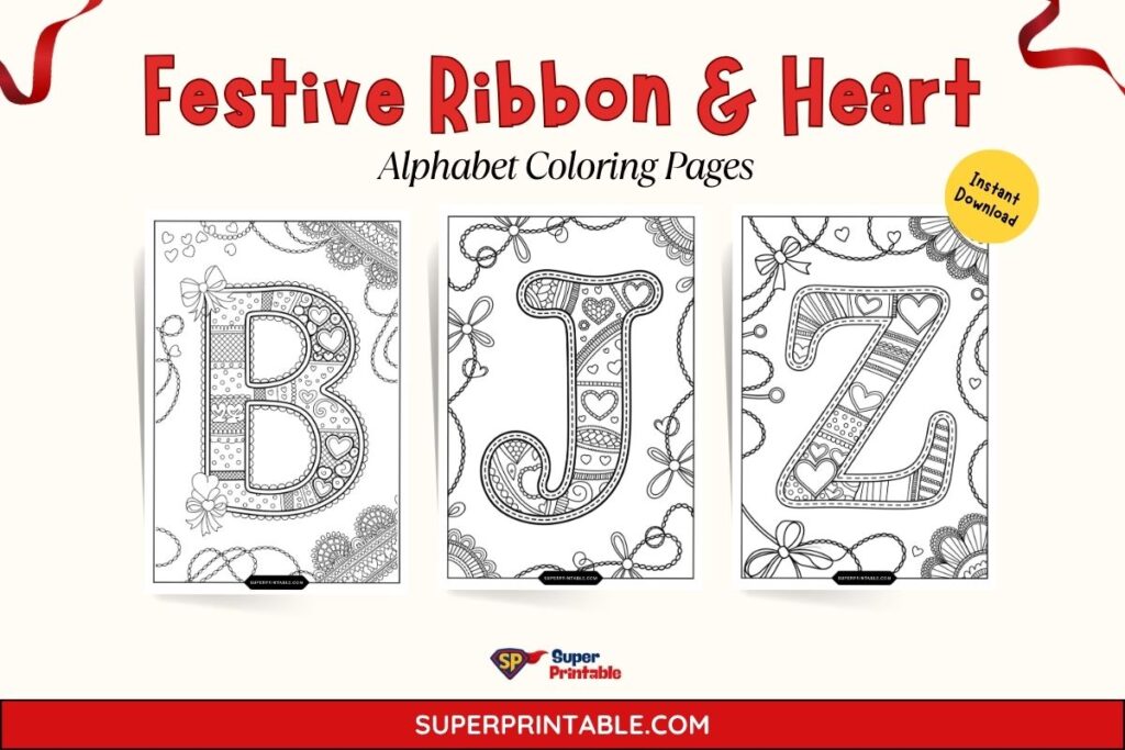 Festive Ribbon & Heart Alphabet Coloring Pages (Free PDF)