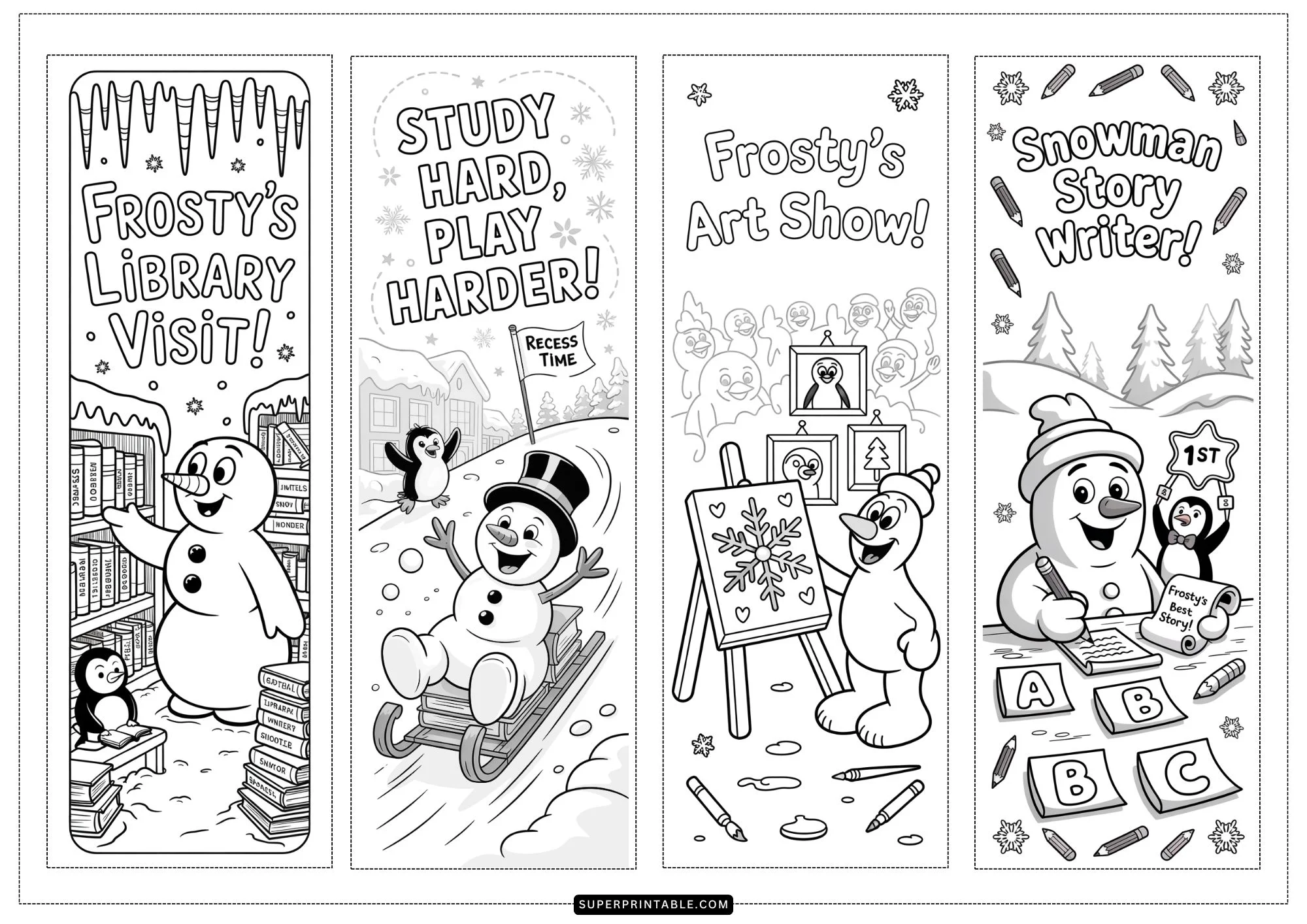 Frosty’s Homework Time Coloring Bookmarks | Free PDF