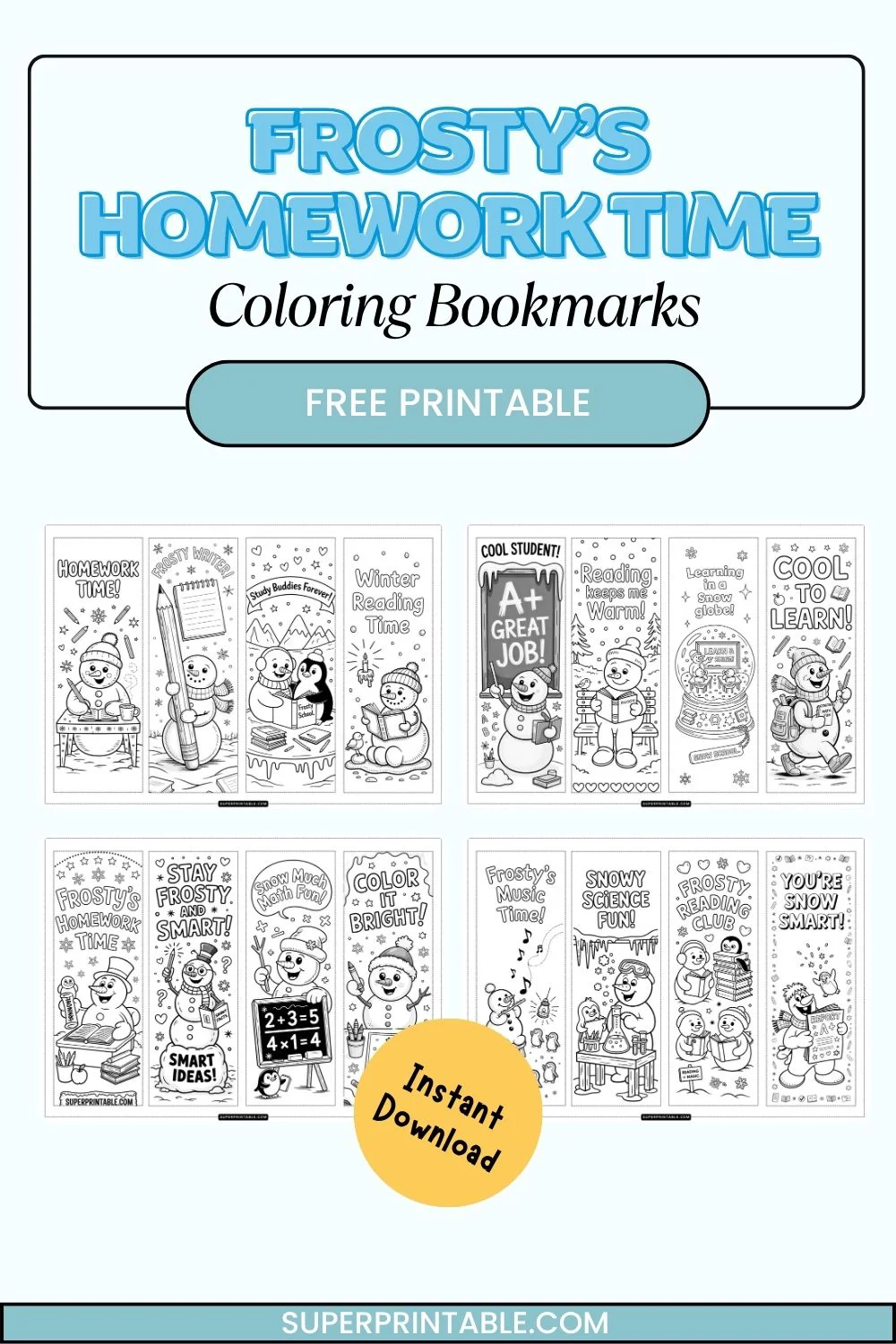 Frosty’s Homework Time Coloring Bookmarks | Free PDF