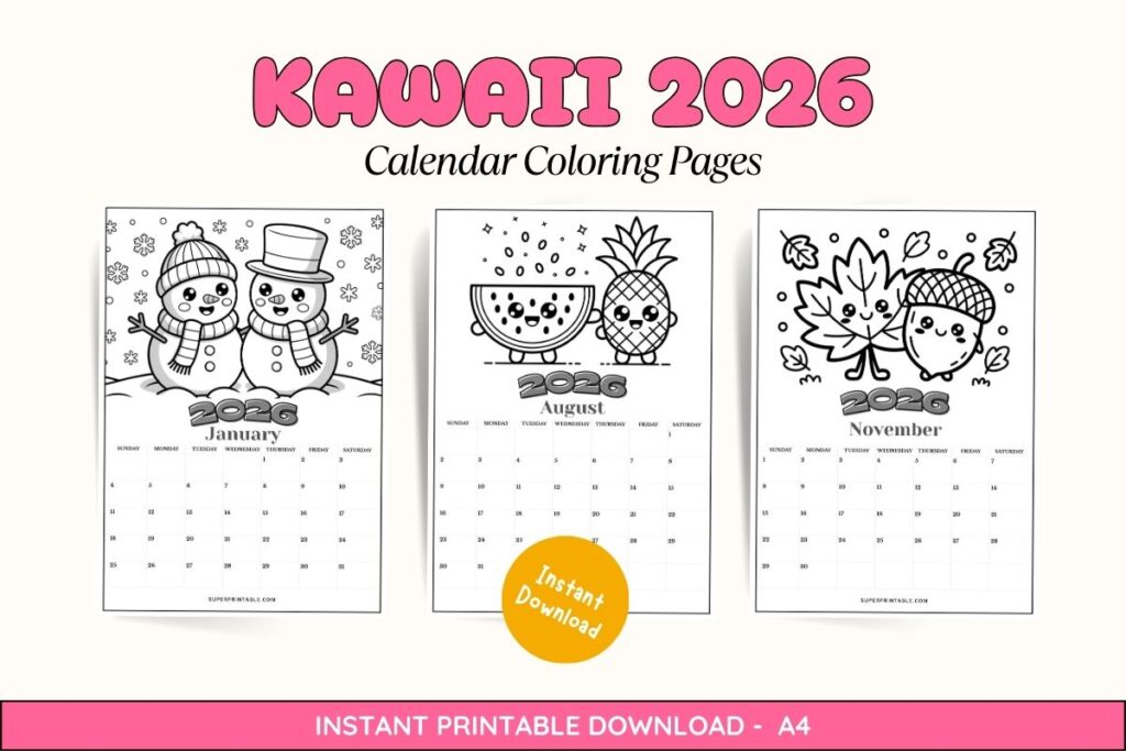 Kawaii 2026 Calendar Coloring Pages (Free PDF Printables)