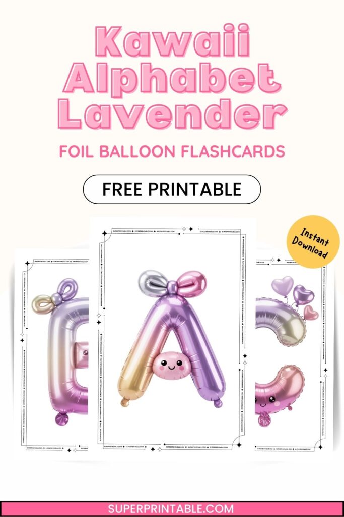 Kawaii Alphabet Lavender Foil Balloon Flashcards (Free PDF)
