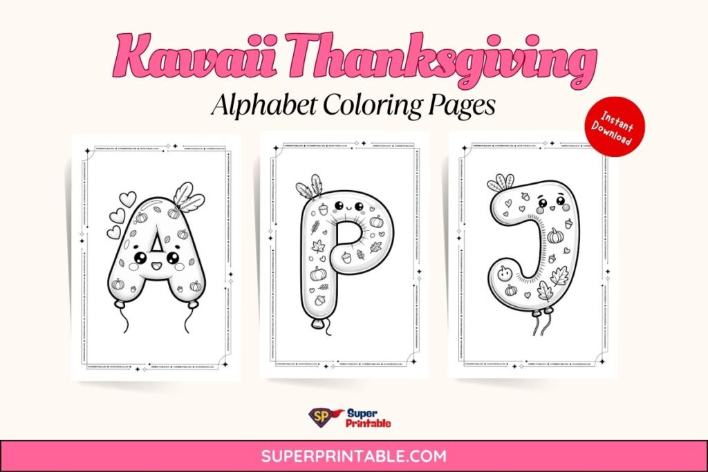 Kawaii Thanksgiving Alphabet Coloring Pages (Free PDF)