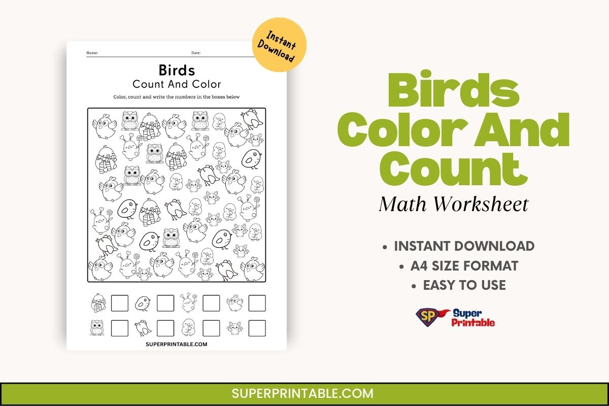 Birds Color And Count Math Worksheet (Free PDF Printables)