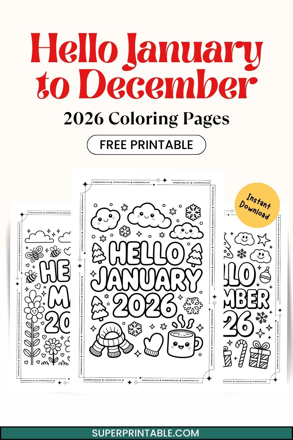 Hello January to December 2026 Coloring Pages (Free PDF)