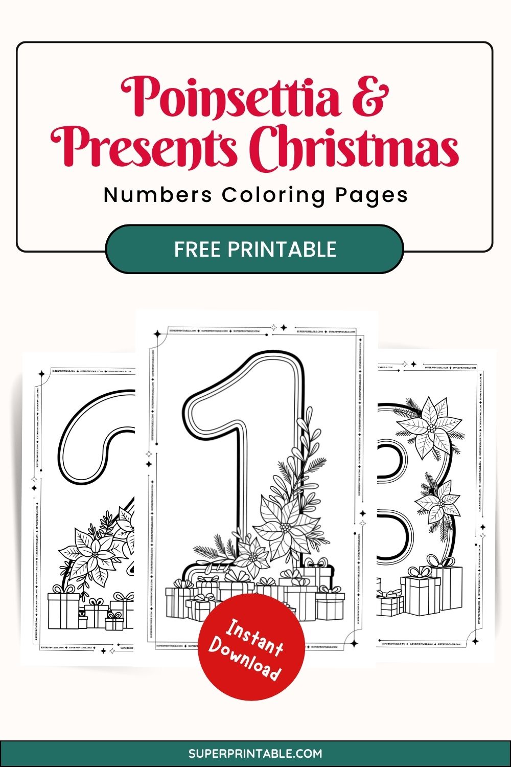 Poinsettia & Presents Christmas Numbers Coloring Pages (Free)
