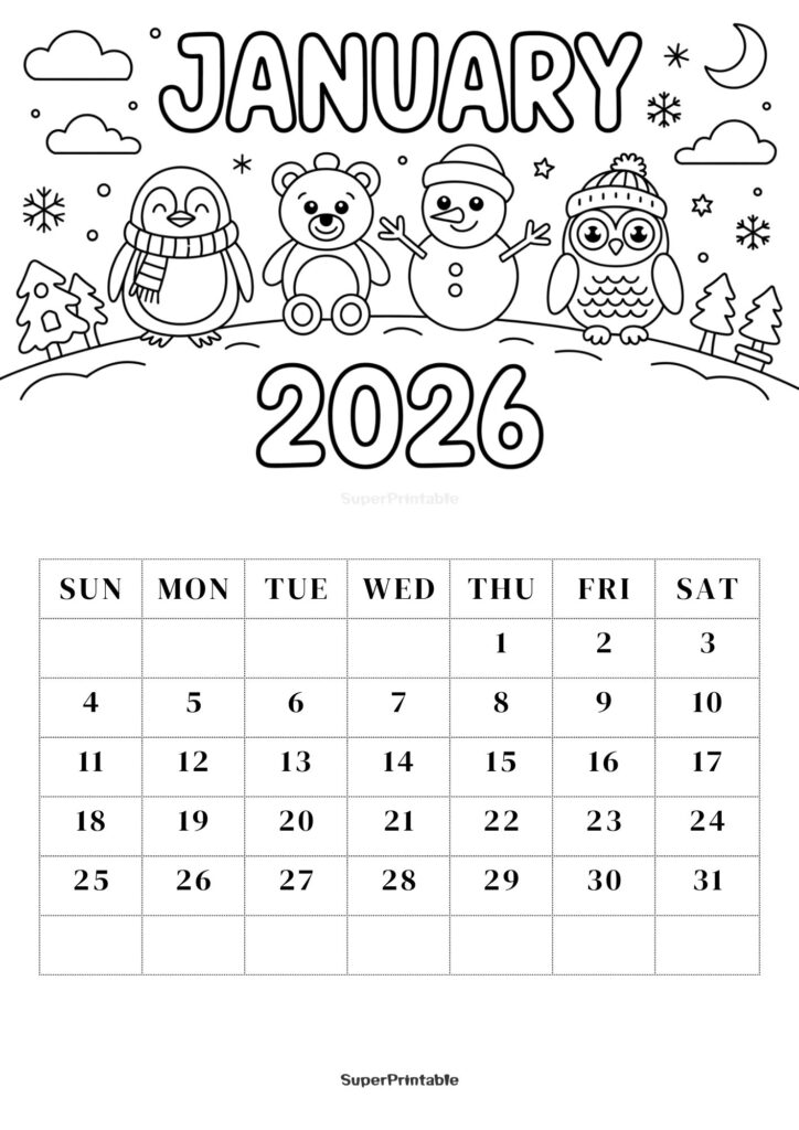 2026 Coloring Calendar Printable for Kids (Free PDF Printables)