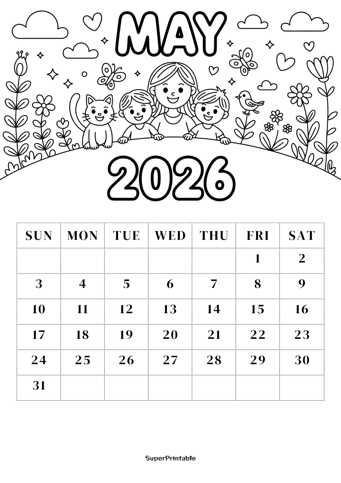 2026 Coloring Calendar Printable for Kids (Free PDF Printables)