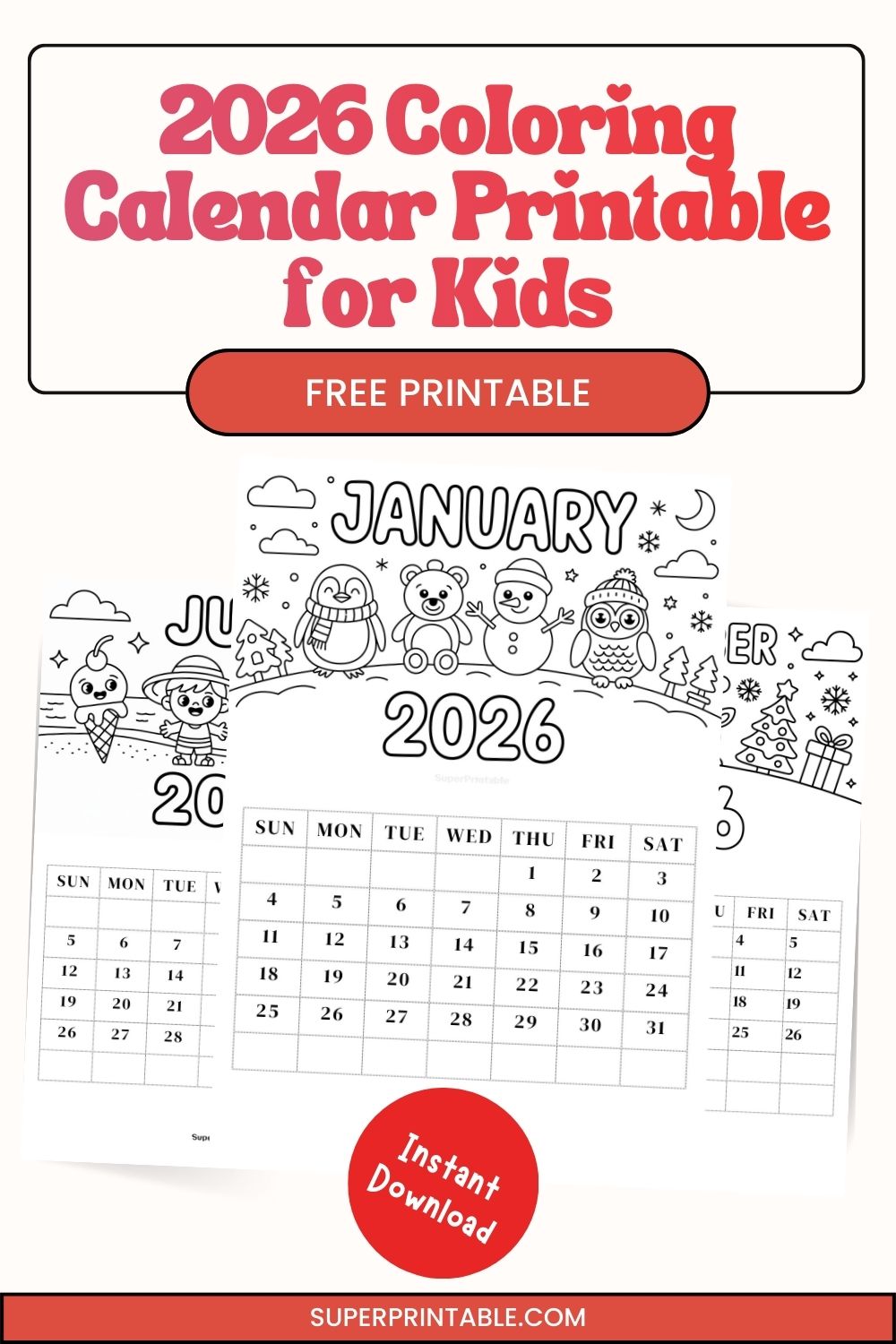 2026 Coloring Calendar Printable for Kids (Free PDF Printables)